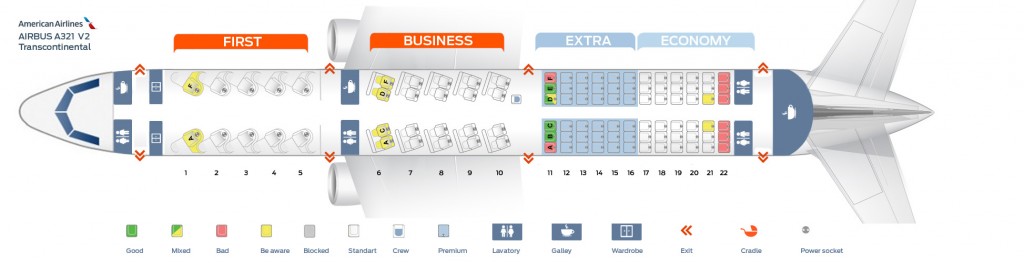 Seat map of the Airbus A321 American Airlines