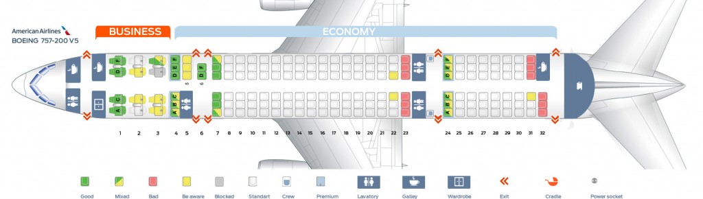 Seat map Boeing 757-200 American Airlines. Best seats in the plane