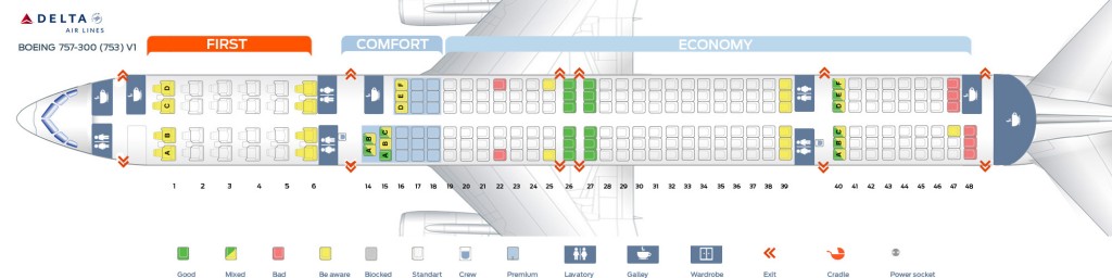 Seat map Boeing 757-300 Delta Airlines. Best seats in plane