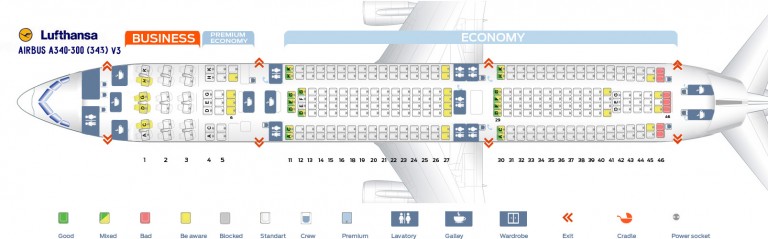 Seat map Airbus A340-300 Lufthansa. Best seats in plane