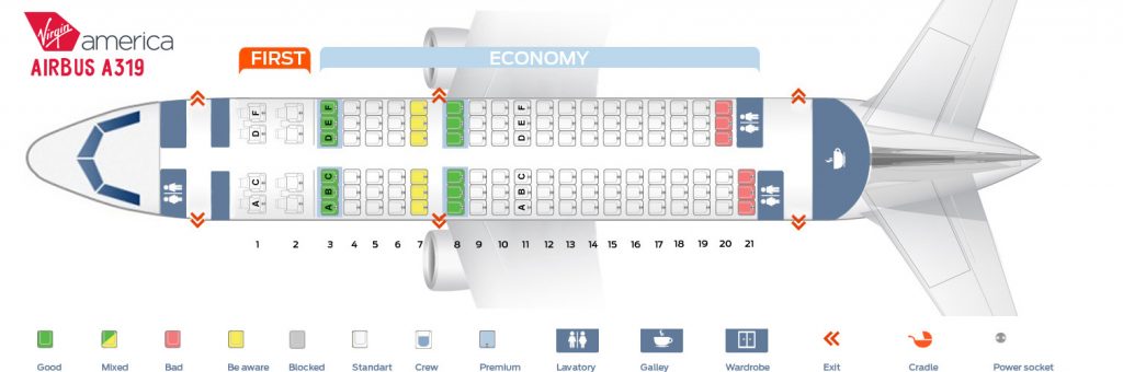 Seat map Airbus A319-100 Virgin America. Best seats in the plane