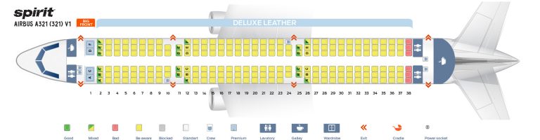 Seat map Airbus A321-200 Spirit Airlines. Best seats in the plane